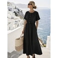 Black Womens Loose Fit Short Sleeve Button-Front A-Line Midi Dress ...