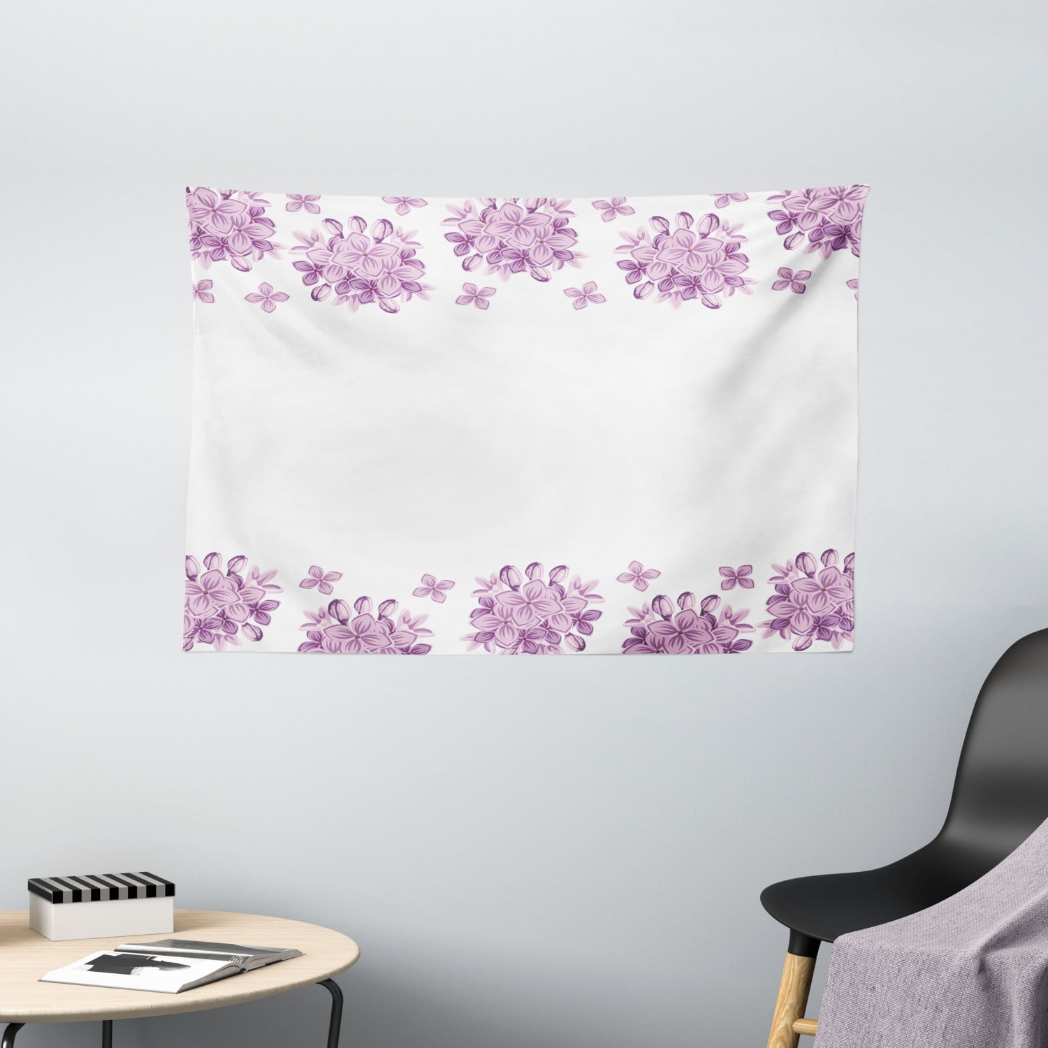 Floral Tapestry, Graphic Lilac Flower Blossoms on White Background ...