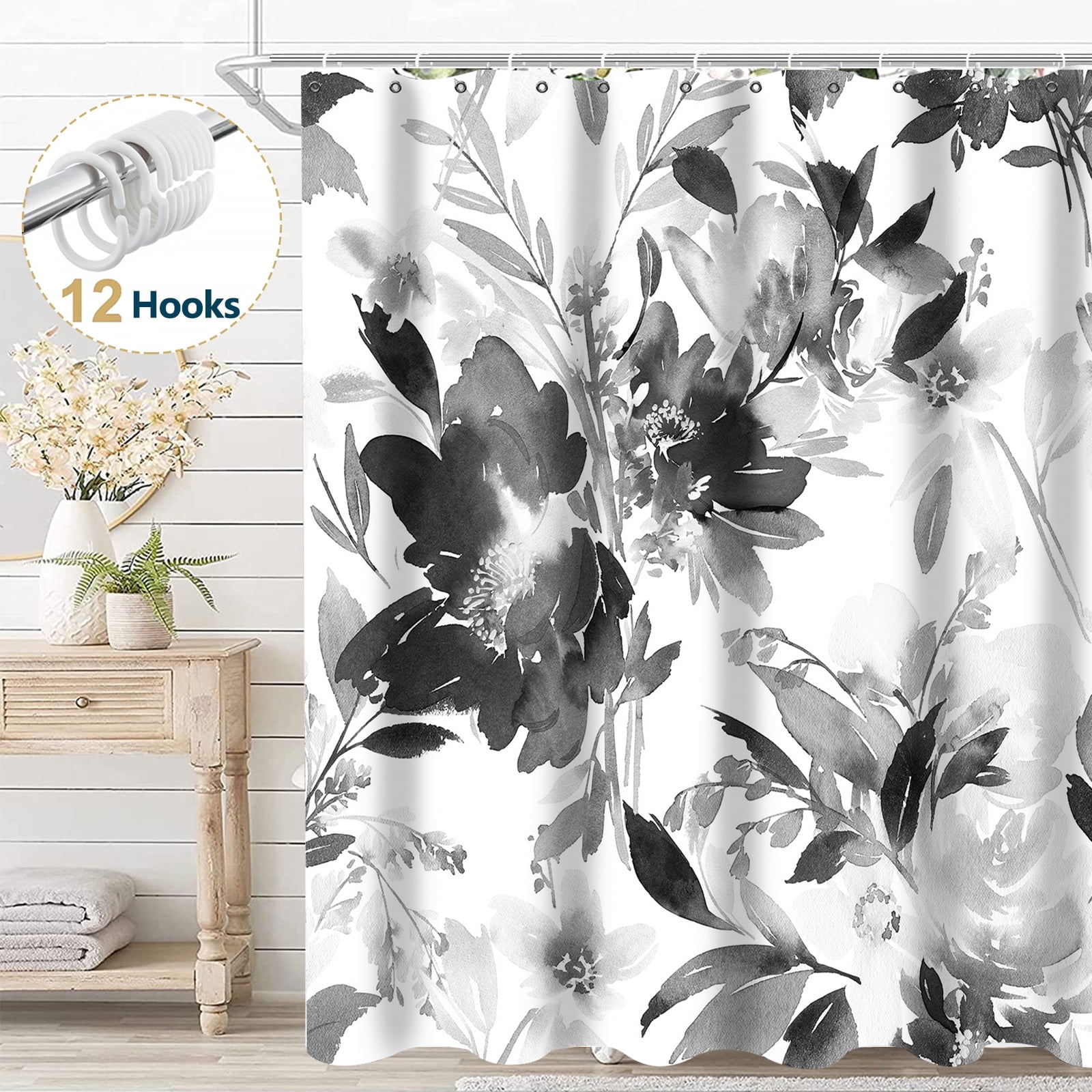 Click here for Dznils Black Floral Fabric Shower Curtain  Modern... prices