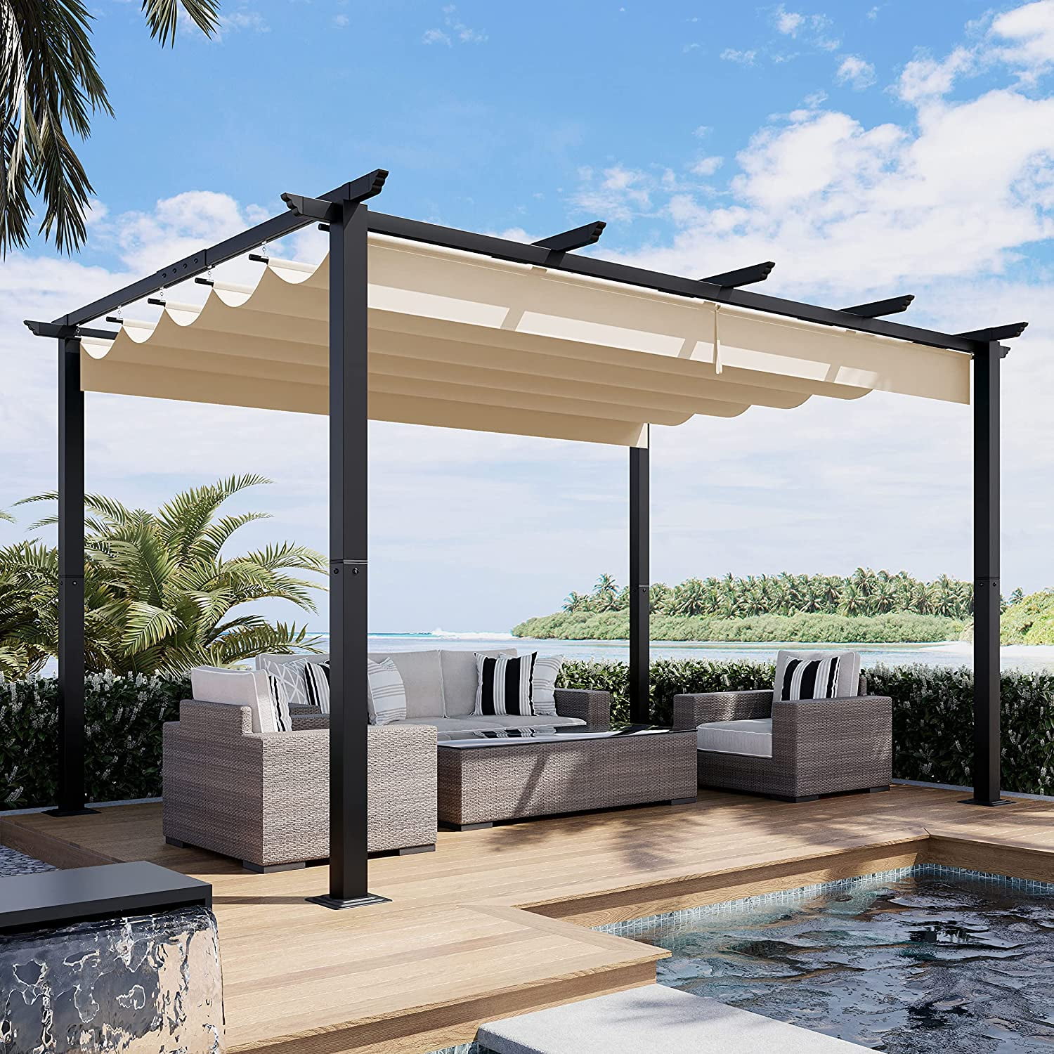 Luckyberry 10' X 13' Outdoor Retractable Pergola with Sun Shade Canopy ...