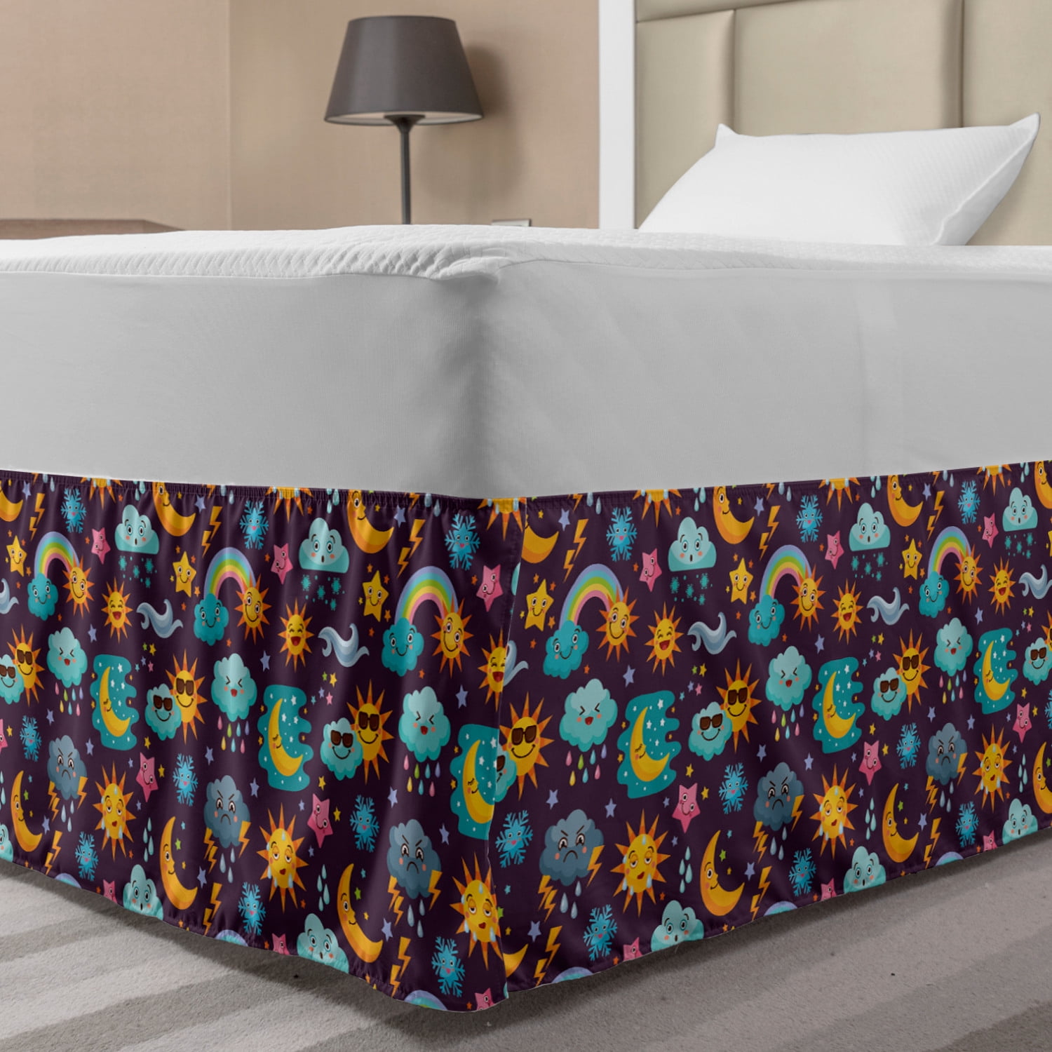 Childish Bed Skirt, Pattern of Joyful Smiling Sun Clouds Stars Moon ...