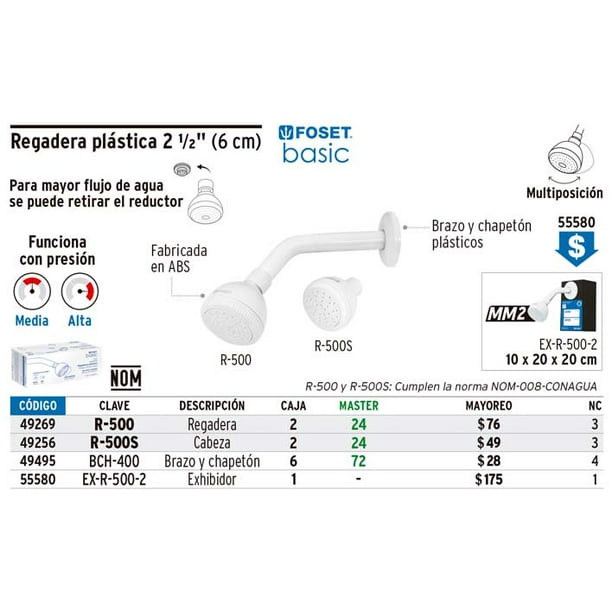 Regadera plástica de 2 1/2', basic Foset Regadera plástica de 2 1/2 ...