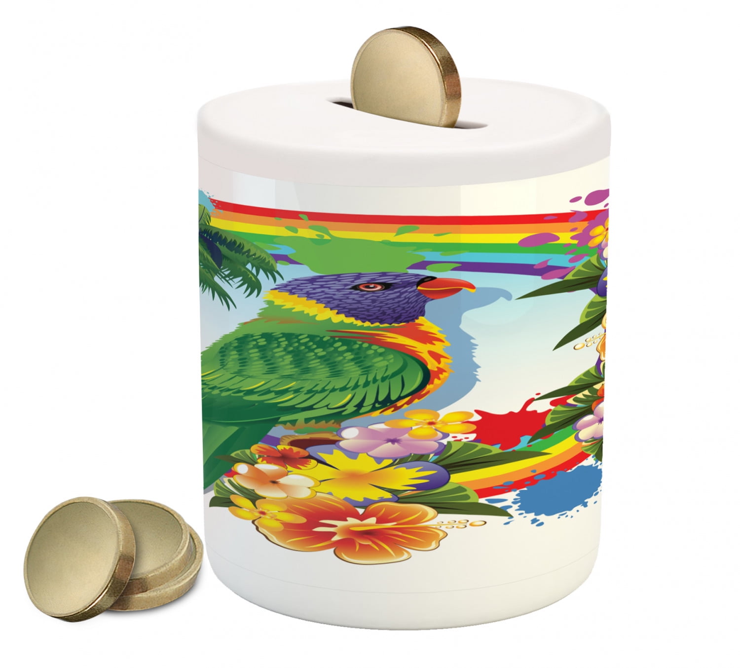 Parrot Piggy Bank, Animal Lorikeet in Rainbow Circle Palm Trees ...