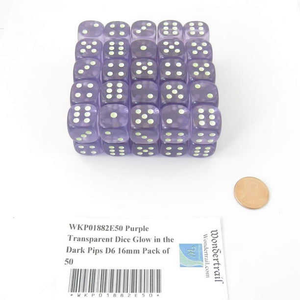 Purple Transparent Dice with Glow in the Dark Pips D6 16mm (5/8in) Pack of 50 Wondertrail ...