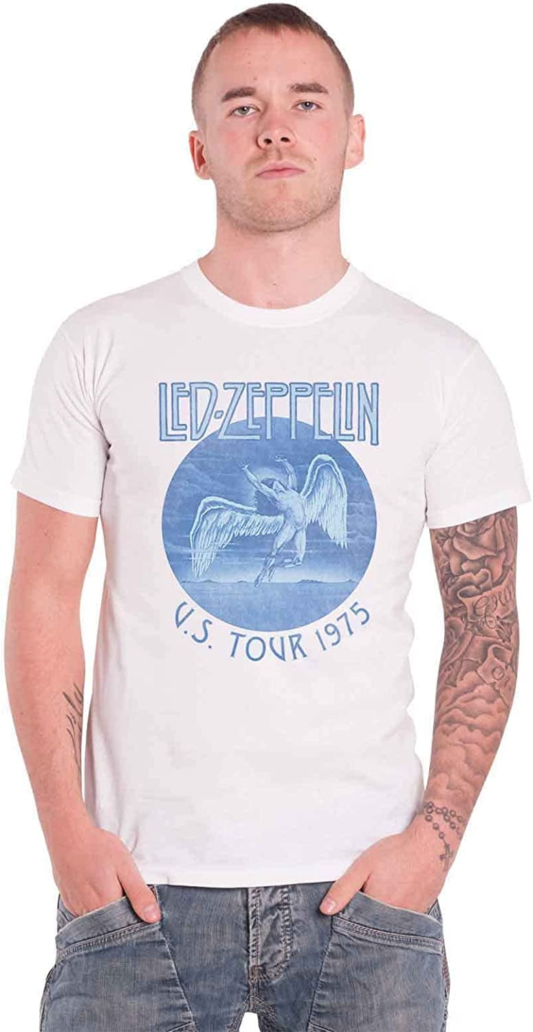 Led Zeppelin T Shirt Tour 1975 Blue Wash Band Logo Mens White Tee S-4XL ...
