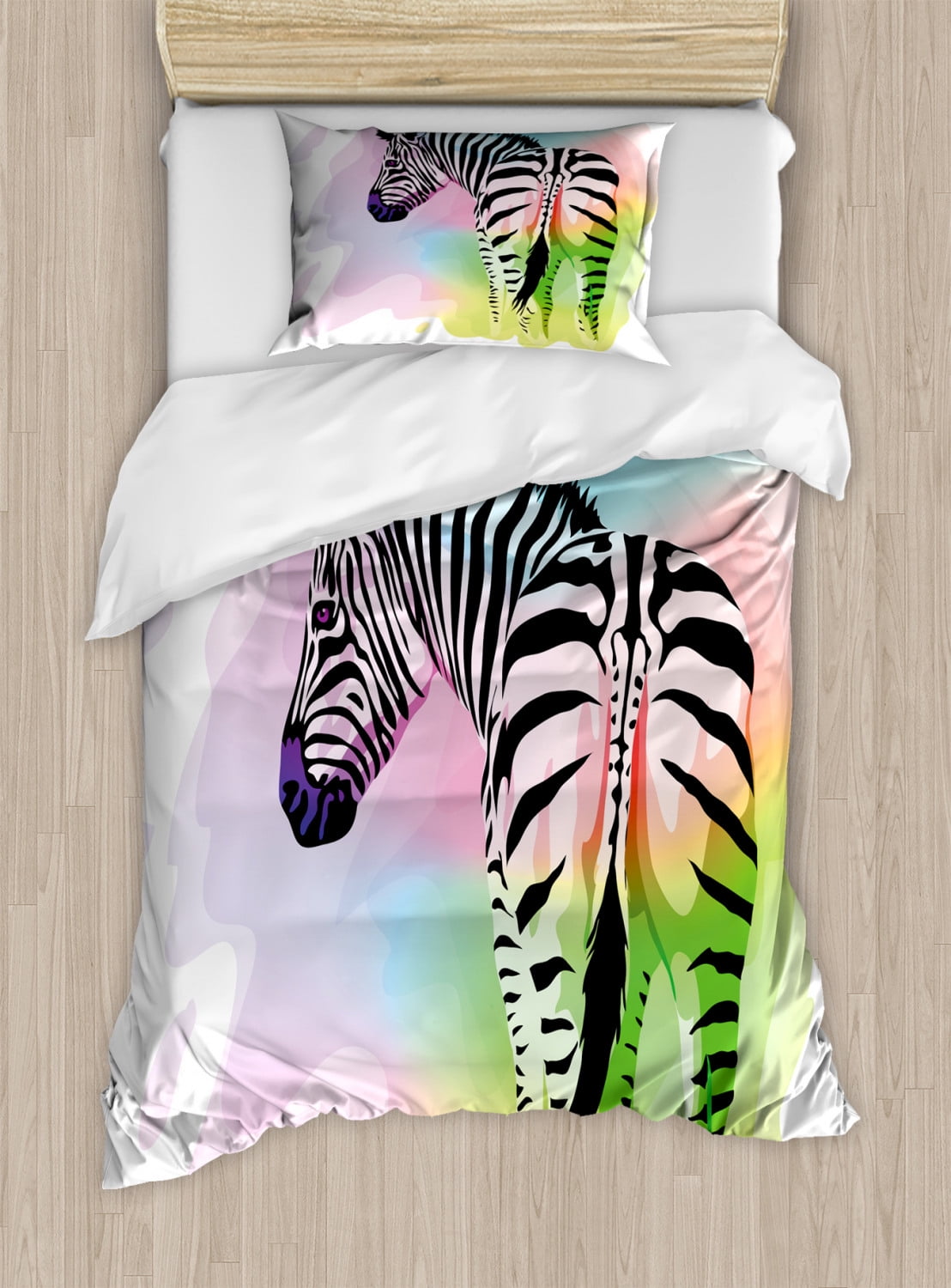 Rainbow Zebra Duvet Cover Set Twin Size, Watercolor Effect Pastel Tone ...