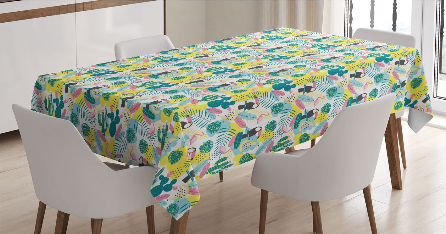 Tropical Tablecloth, Island Aloha Nature Art Pattern with Toucan Flamingos Cactuses and Exotic ...