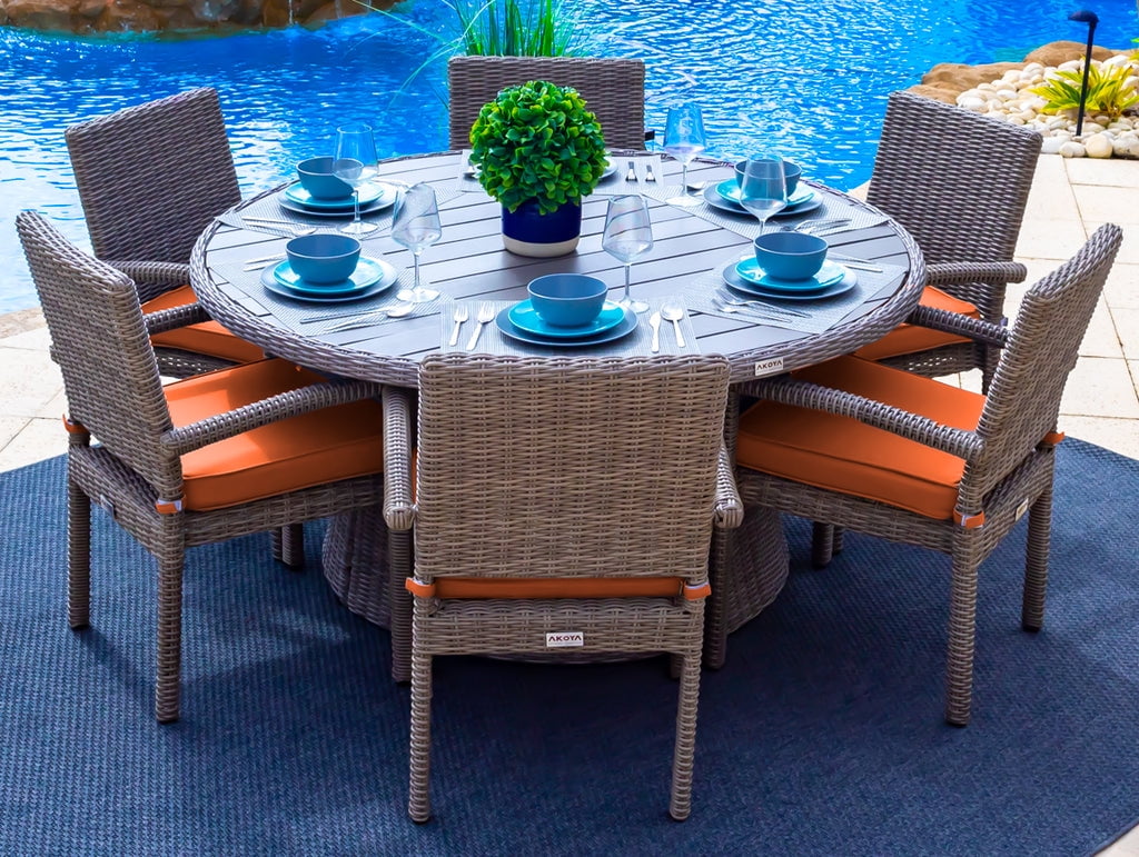 Tuscany 7-Piece Resin Wicker Outdoor Patio Furniture Round Dining Table ...