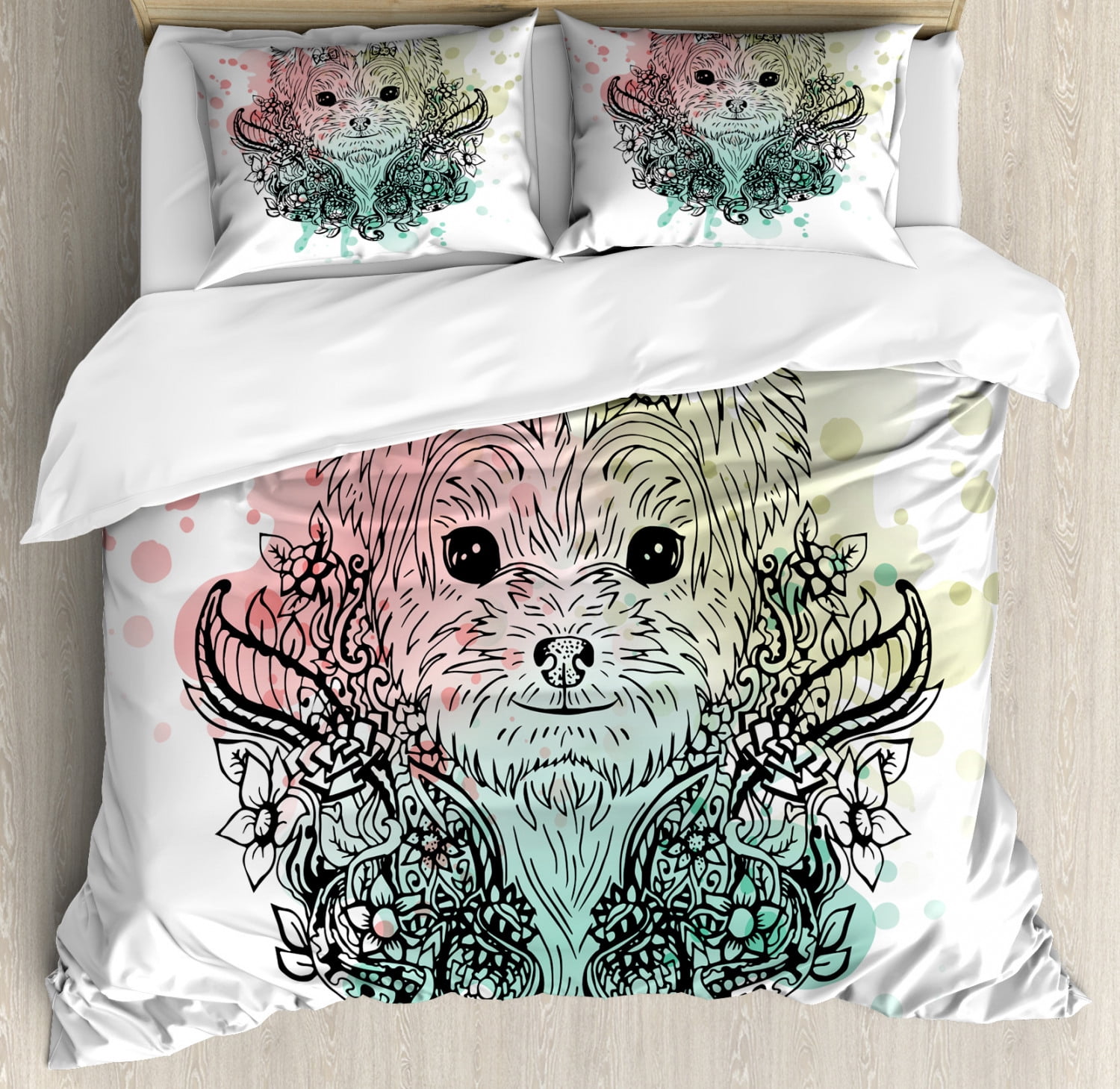 Yorkie King Size Duvet Cover Set, Sketch of a Cute Yorkshire Terrier on ...