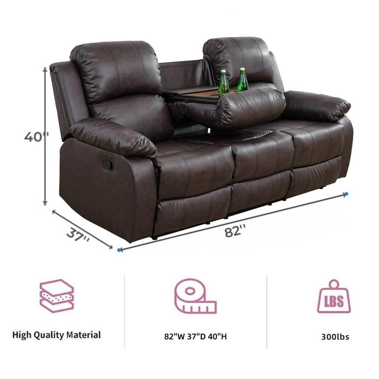 Gewnee Faux Leather Upholstered Manual Reclining Sofa with 3 Recliners and Cup Holders Dark Coffee