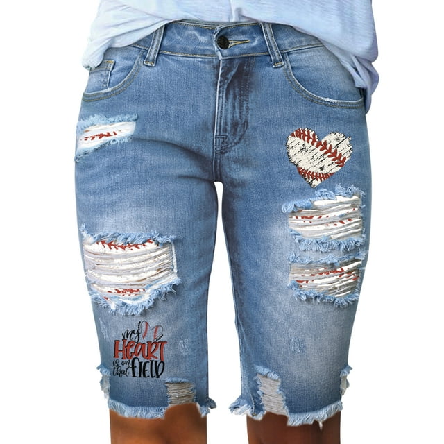 HOTAPEI Distressed Bermuda Shorts for Women Mid Rise Denim Shorts ...
