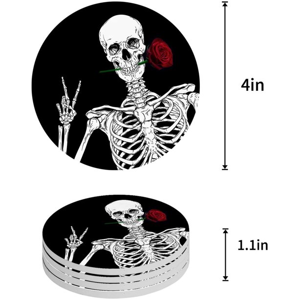 POGLIP Skeleton Biting The Rose Set of 4 Round Coaster for Drinks ...