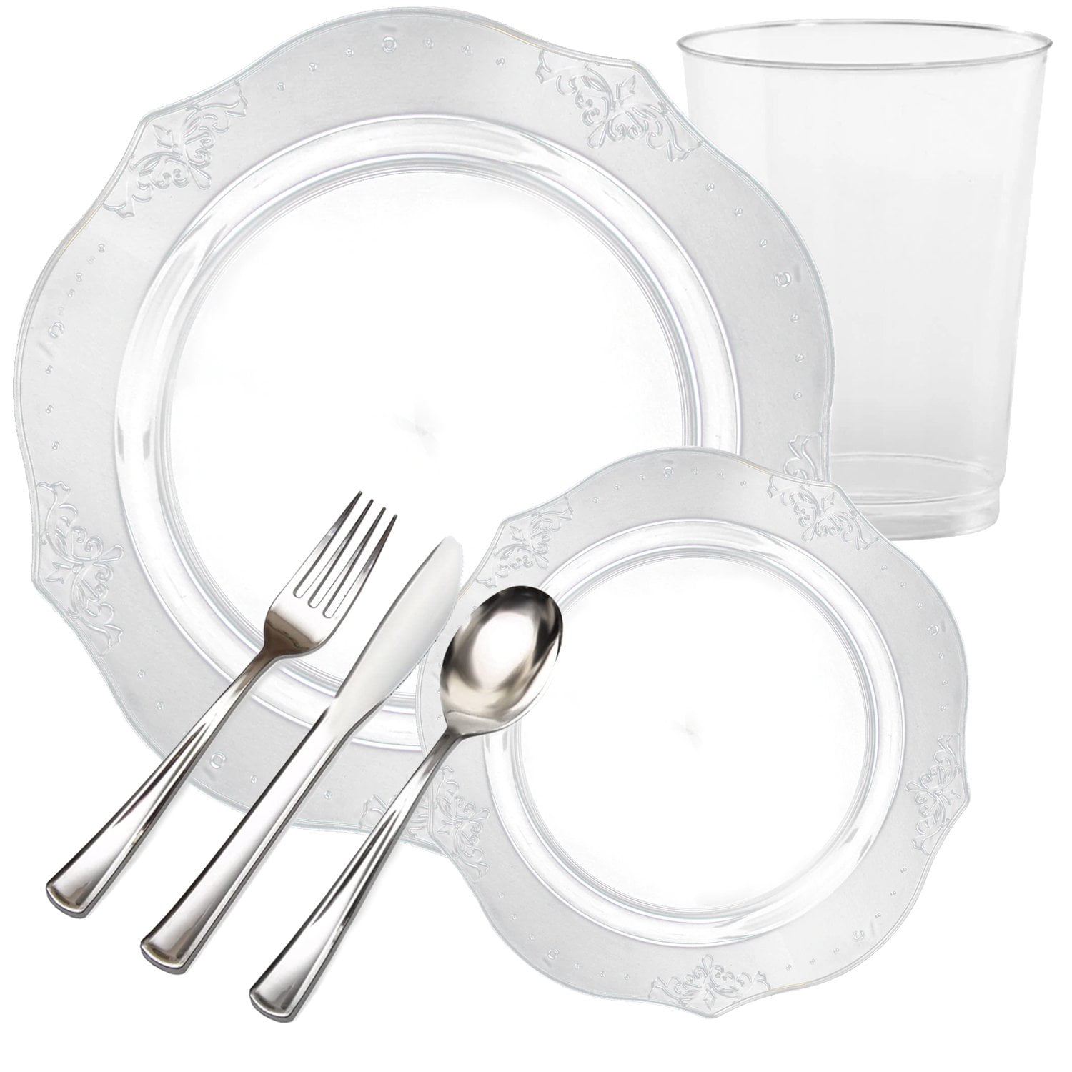 ANTIQUE COLLECTION ELEGANT CLEAR PLASTIC TABLEWARE PACKAGE (20 Serving ...