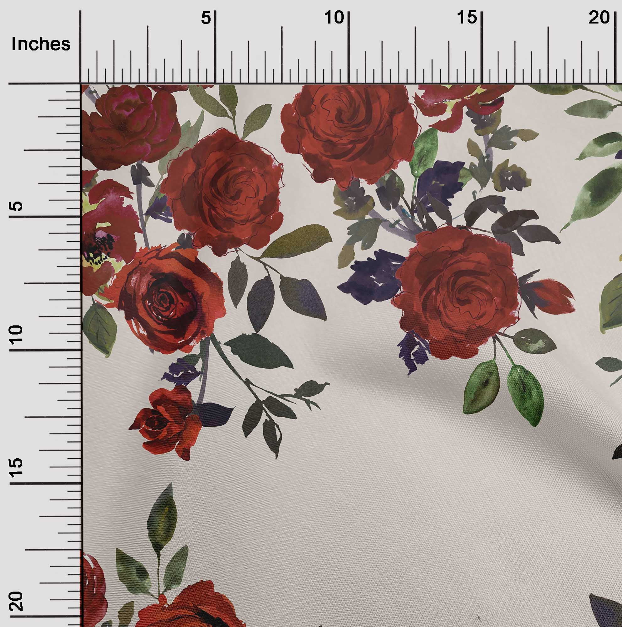 oneOone Cotton Poplin Dark Red Fabric Leaves & Rose Floral Fabric For ...