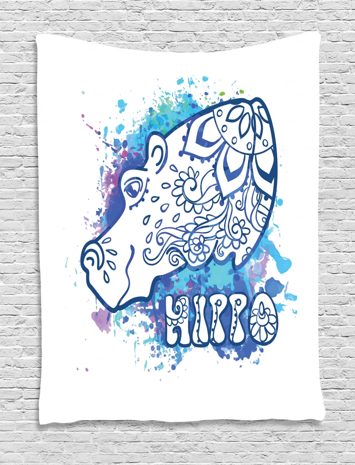 Hippo Tapestry, Bohemian Hippie Style Word and Hippo Head Shape ...