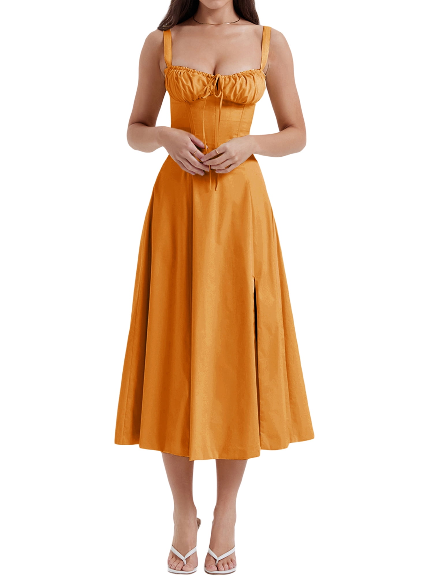 Sunloudy Women Sexy Low Cut Dress Spaghetti Strap Ruffle Tie Up Corset Wrap Midi Dress