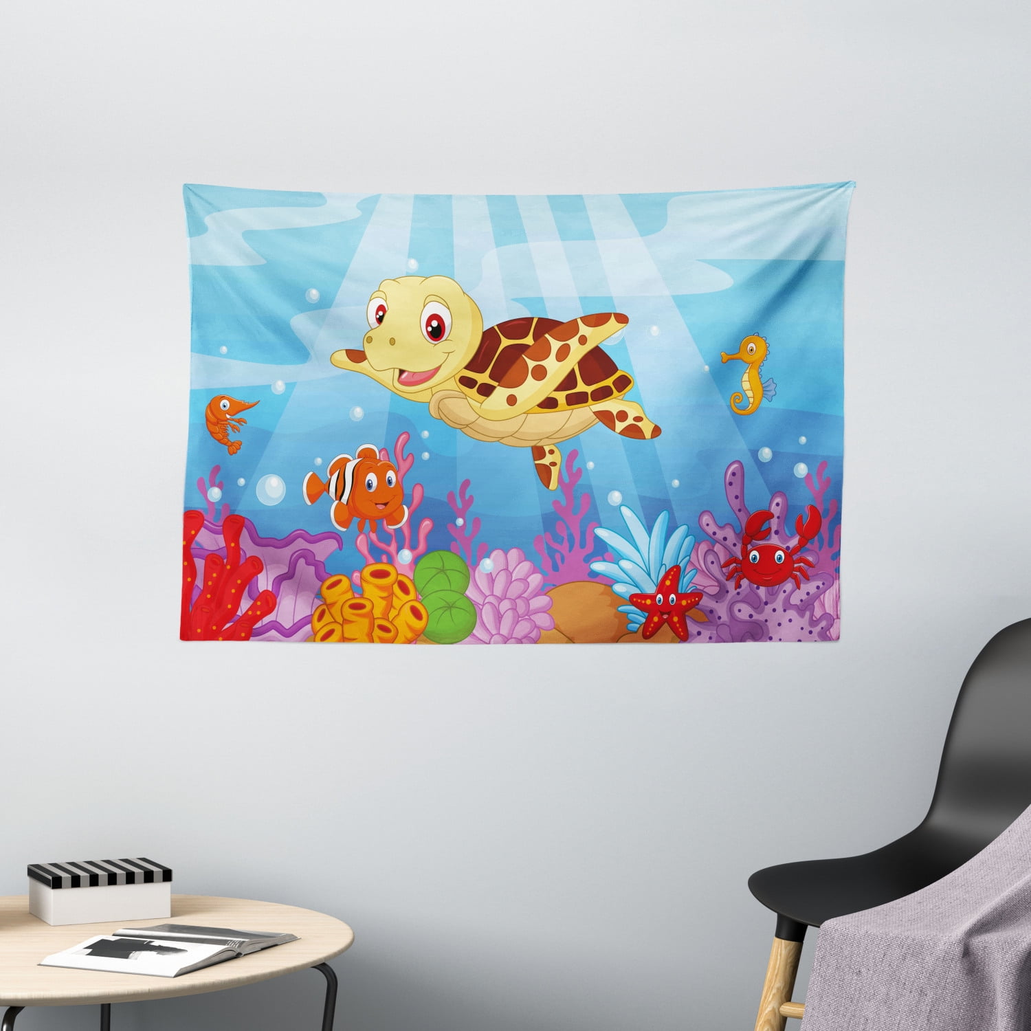 Turtle Tapestry, Funny Adorable Cartoon Style Underwater Sea Animals ...