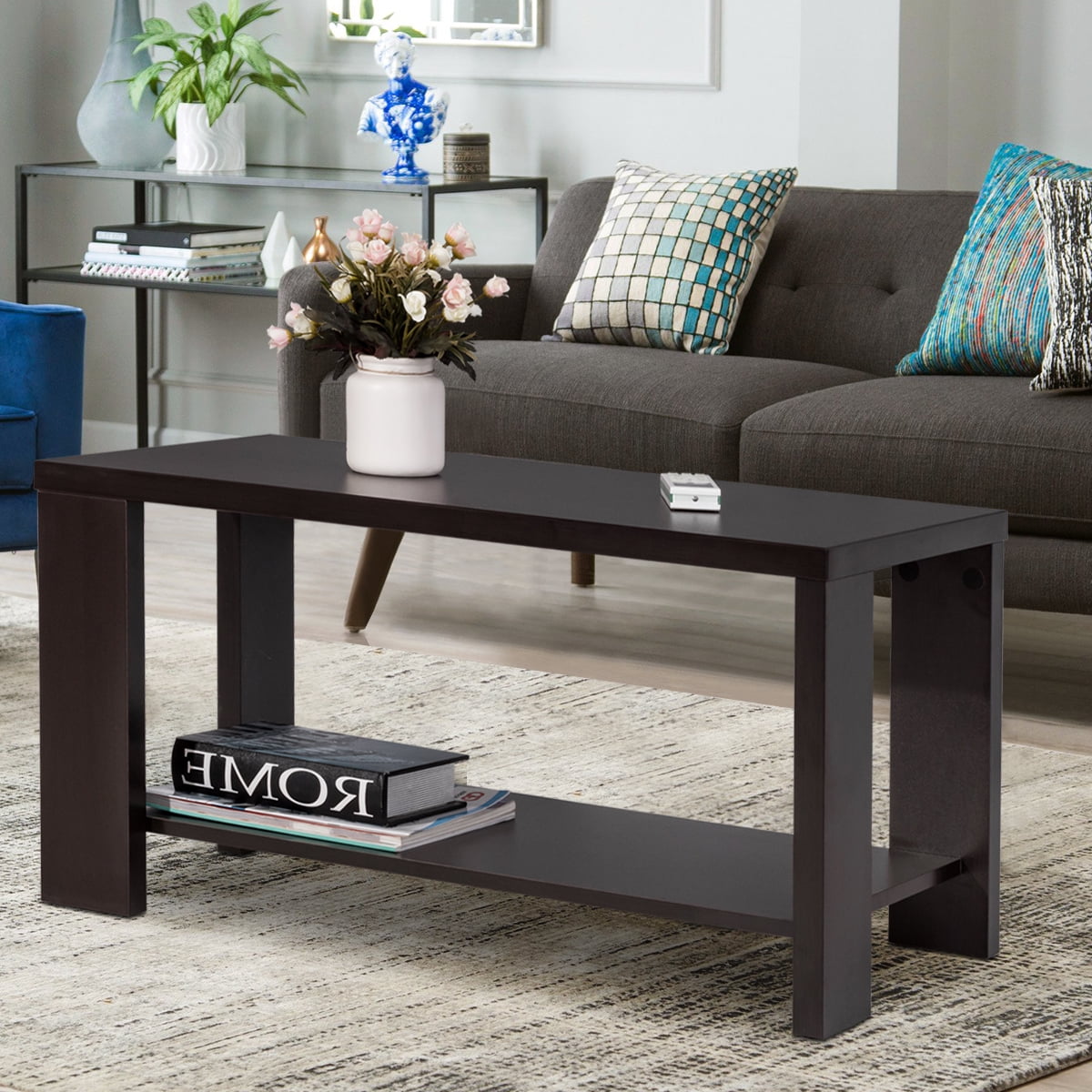 Gymax Modern Wood Rectangular Coffee Table, Black - Walmart.com