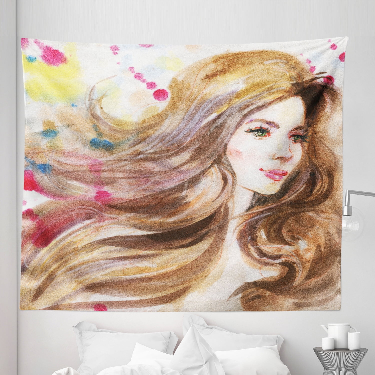 Women Tapestry, Watercolor Painting of Long Haired Young Lady and Paint ...