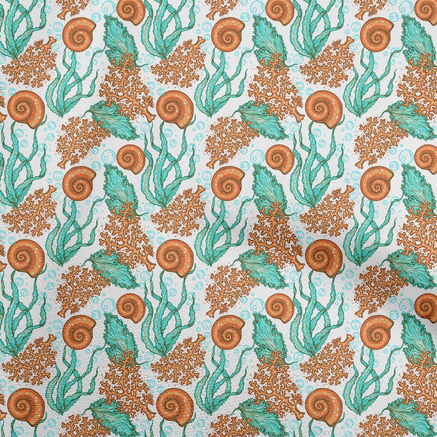 oneOone Cotton Cambric Turquoise Blue Fabric Sea Shells Ocean Fabric ...
