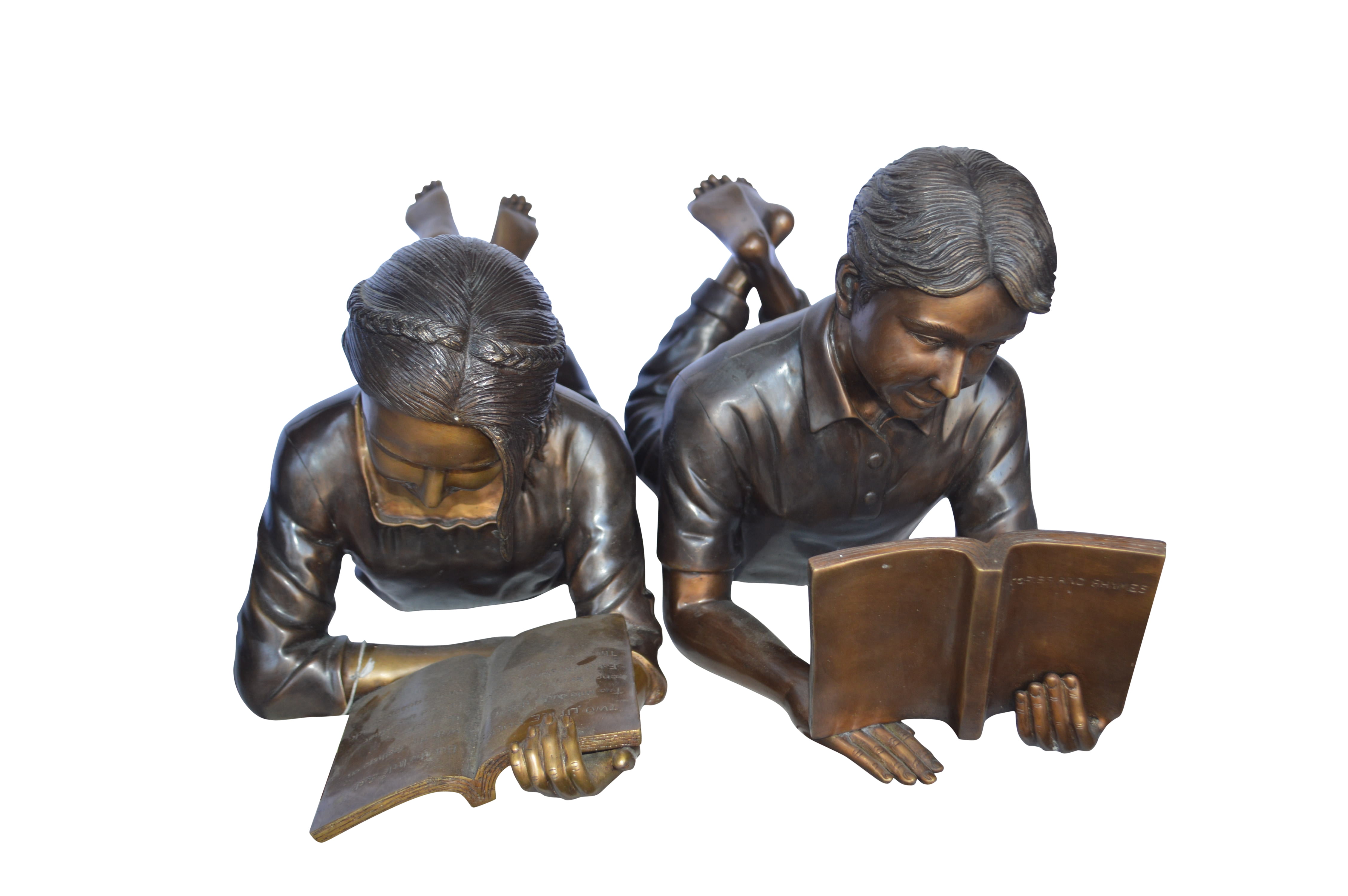 A Set of Boy and Girl Reading Books Bronze Statue - Size: 31"L x 10"W x ...