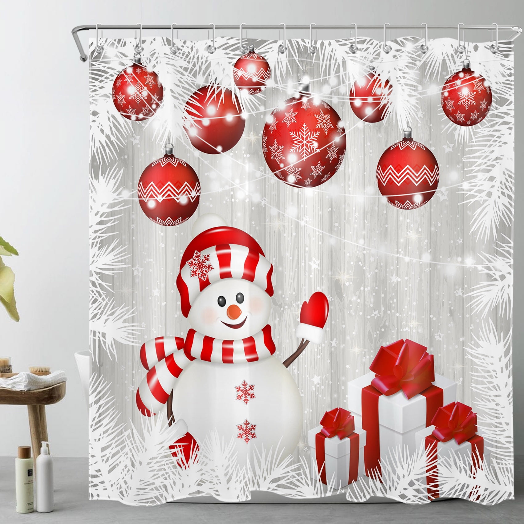 Hvest Winter Christmas Shower Curtain Christmas Snowman And Red