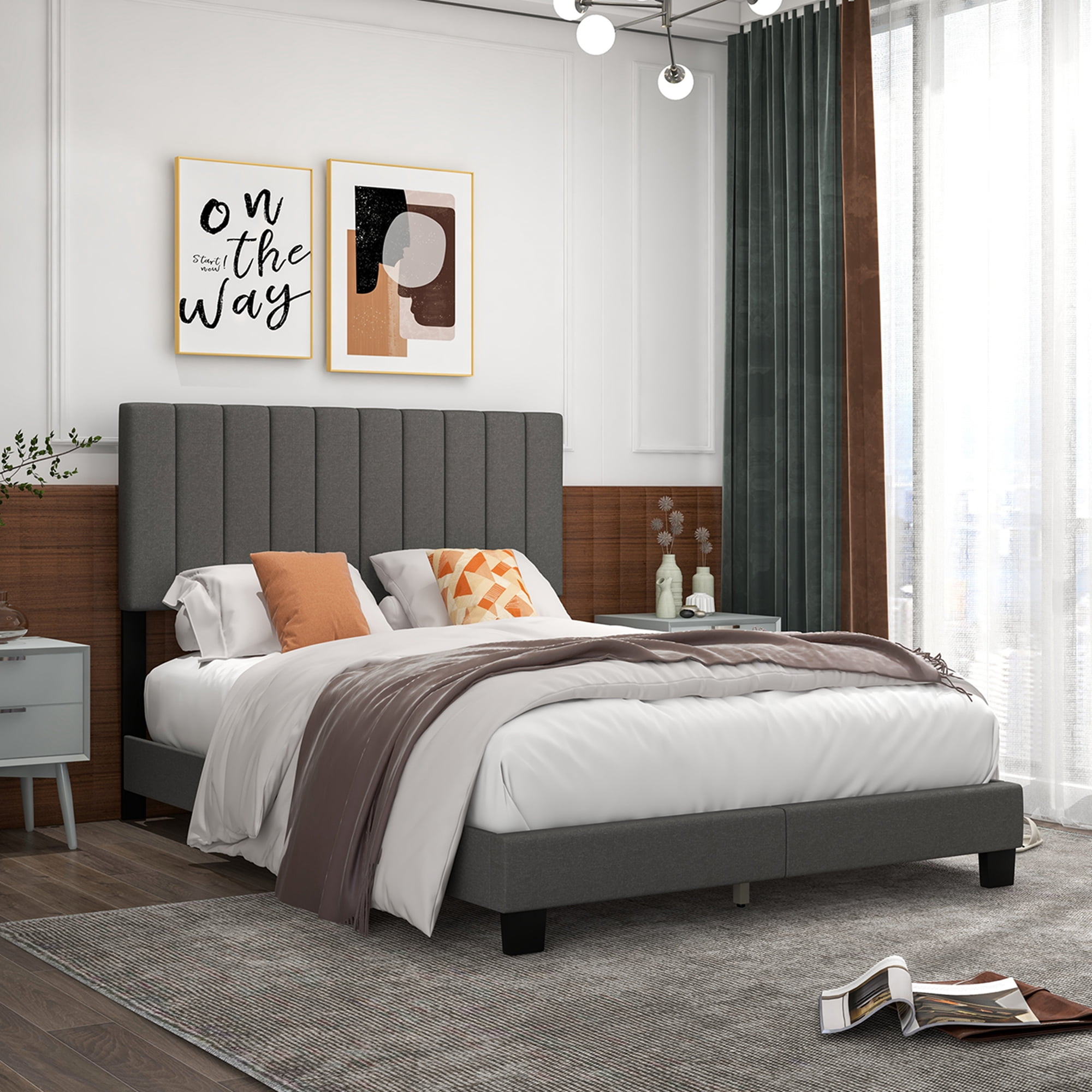 Costway Queen Upholstered Platform Bed Frame Mattress Foundation Box Spring Needed Gray Walmart