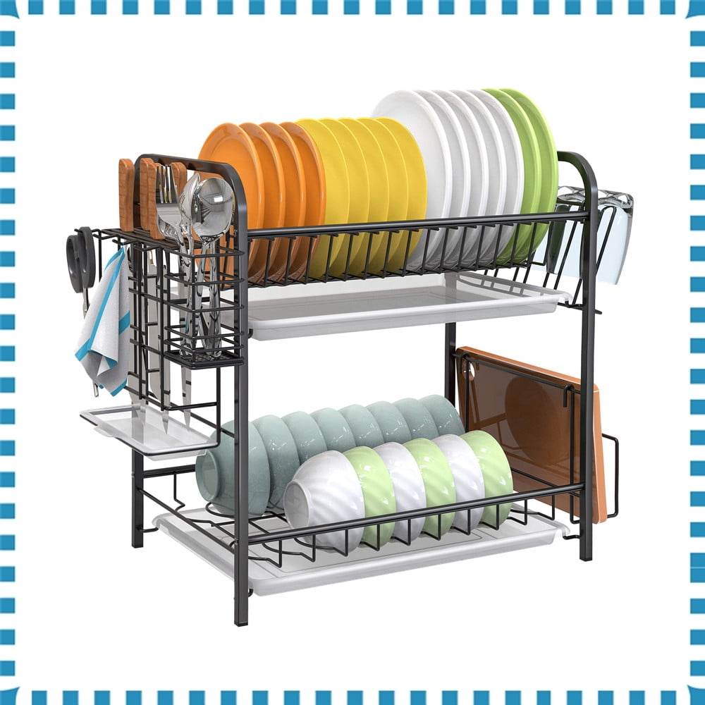 Auledio 2 Tier Drying Dish Rack with Water Tray Plate Rackfor Kitchen ...