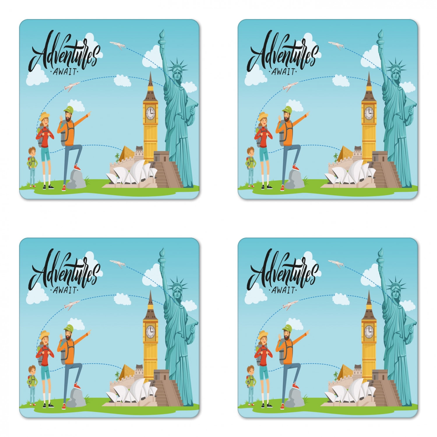 Travel Coaster Set of 4, Adventures Await Calligraphy with Tourist ...