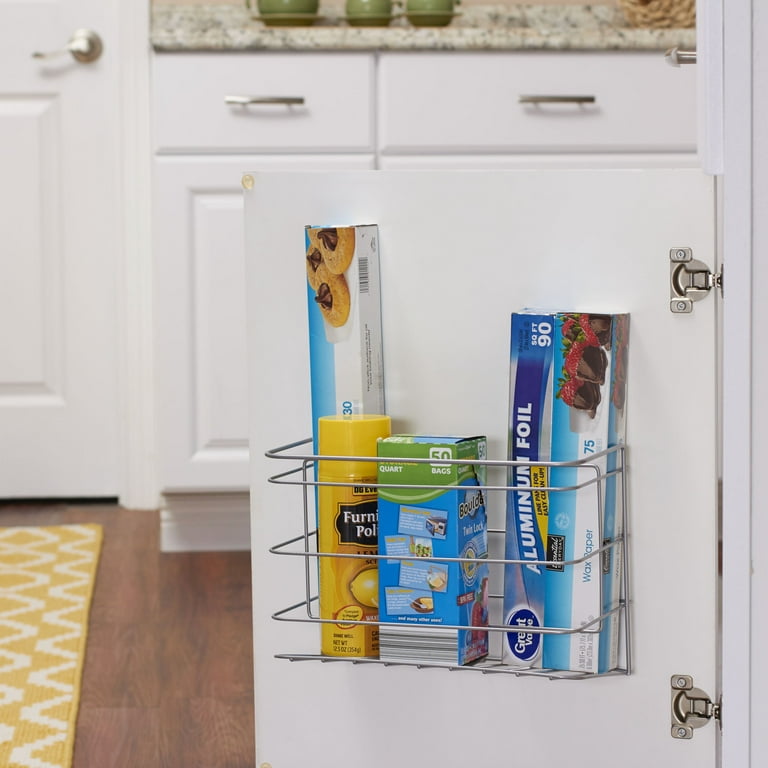 Household Essentials Kitchen Wrap Organizer for Cabinet Door Durable Steel Frame with Nickel Powder Finish Easy Installation Hardware Included