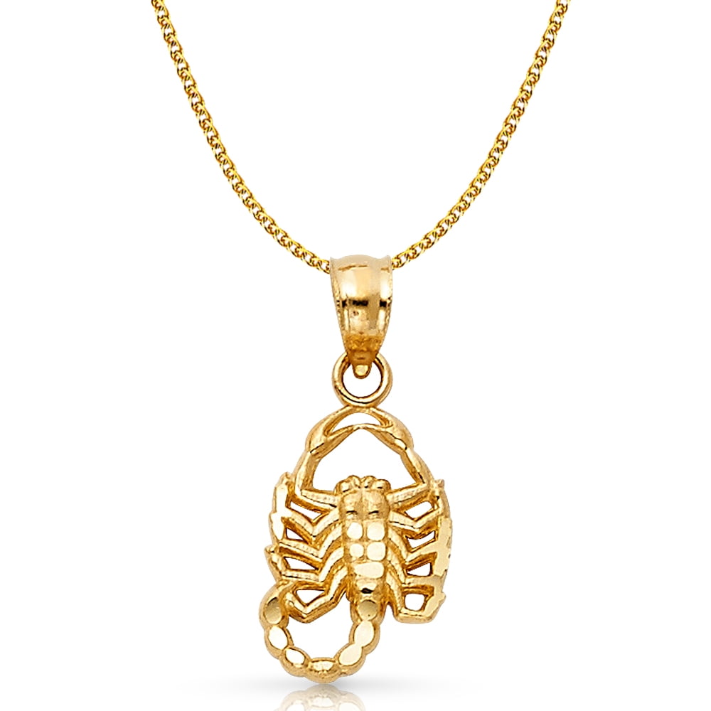 Ioka-14K Yellow Gold Scorpion Charm Pendant with 1.4mm Flat Open Wheat ...