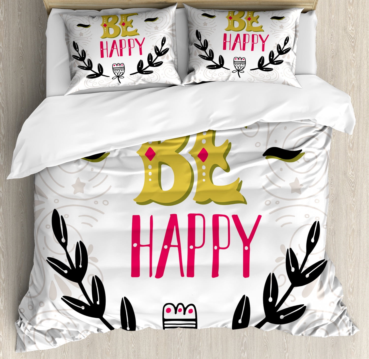 Be Happy Duvet Cover Set King Size, Hand-drawn Vintage Illustration ...