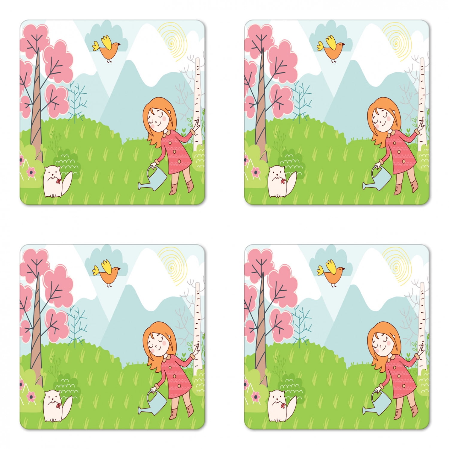 Nursery Coaster Set of 4, Childish Cartoon Design of Little Girl in ...