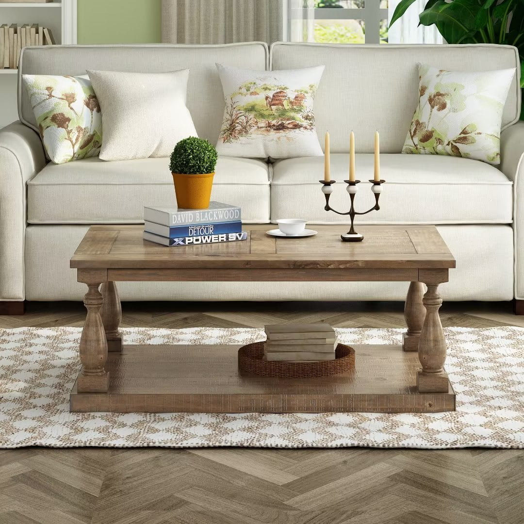 Rustic Style Coffee Table, Double Panel Center Table, Solid Wood Accent ...