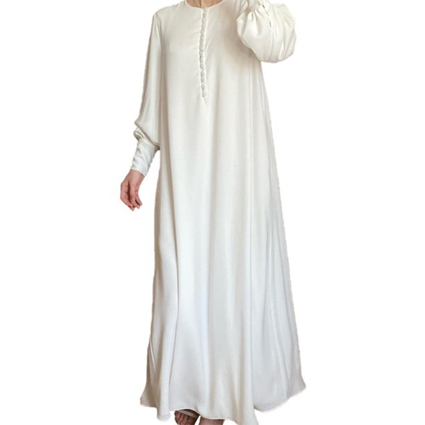 Women Muslim Double Layer Chiffon Maxi Dress Puff Long Sleeve Buttons ...