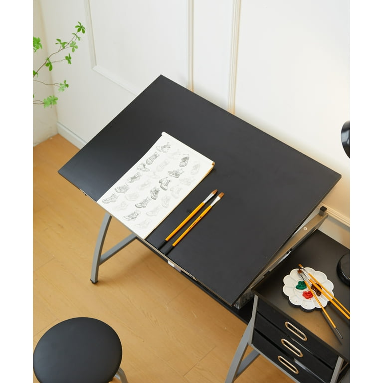 KAAYEE Drafting Tables Draft Drawing Desk w Stool and Tiltable Tabletop 3 Drawers Reading Writing Art Crafting Silver Grey