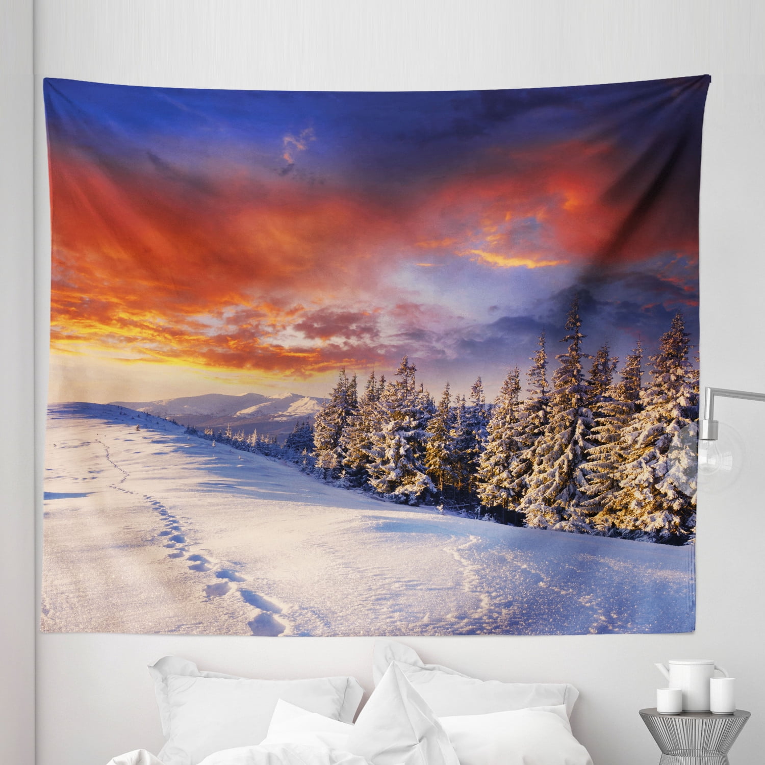 Winter Tapestry, Epic Cloudy Sky over Majestic Mountains and Footsteps ...