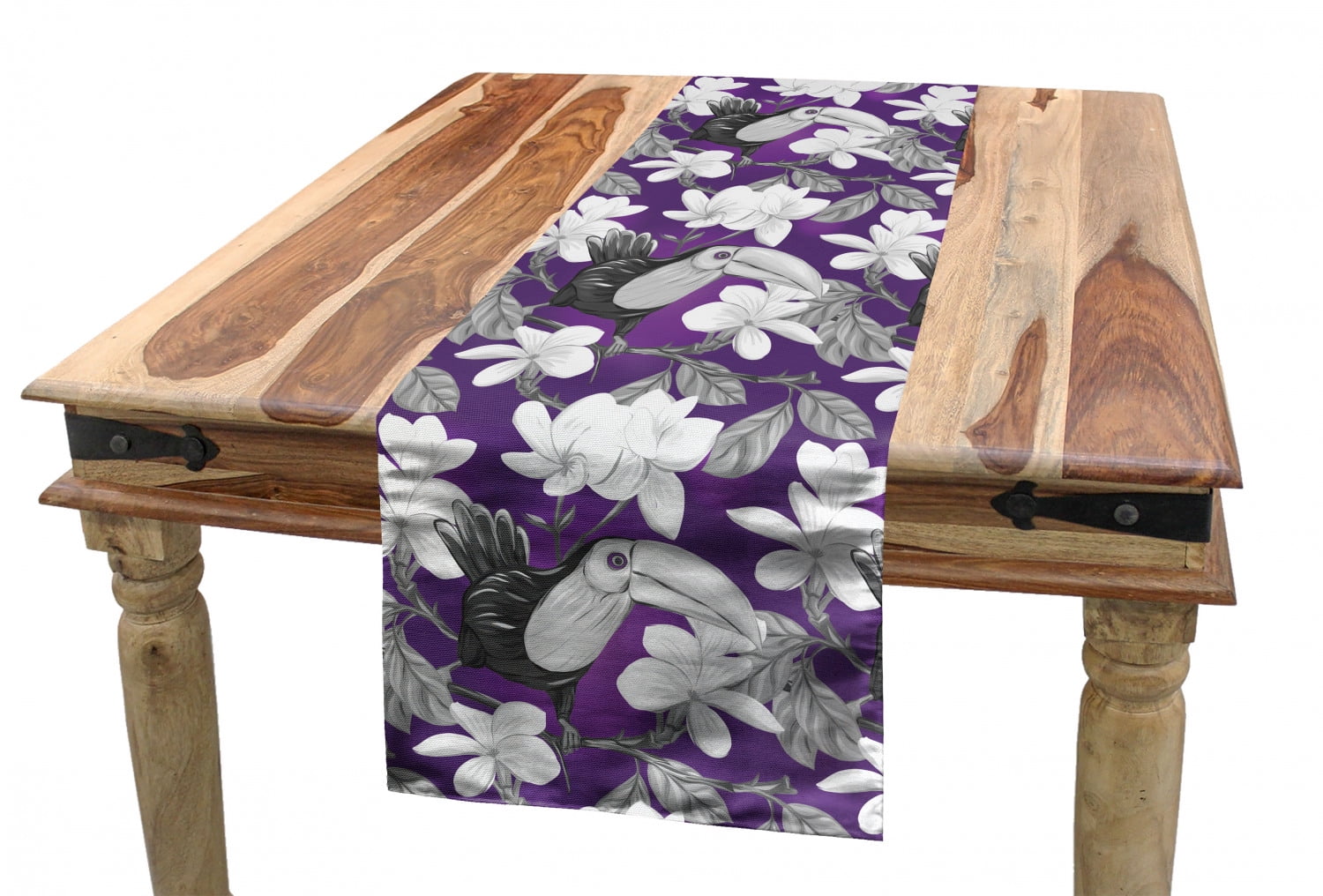 Floral Table Runner, Plumeria Flowers and Toucan Bird Hand Drawn ...