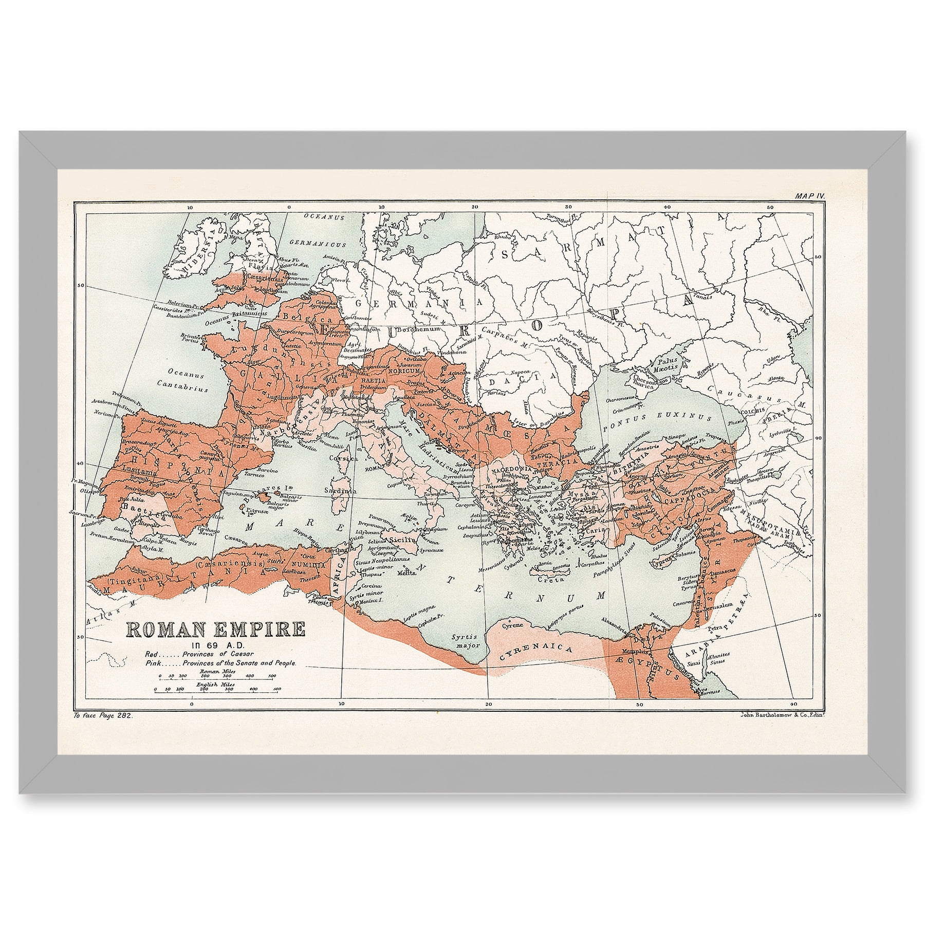 Map Antique Bartholemew Rome Roman Empire Mediterranean Artwork Framed ...