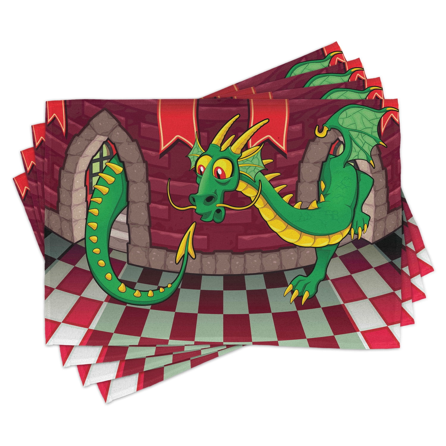 Ambesonne Cartoon Place Mats Set of 4, Castle with Dragon, Standard ...