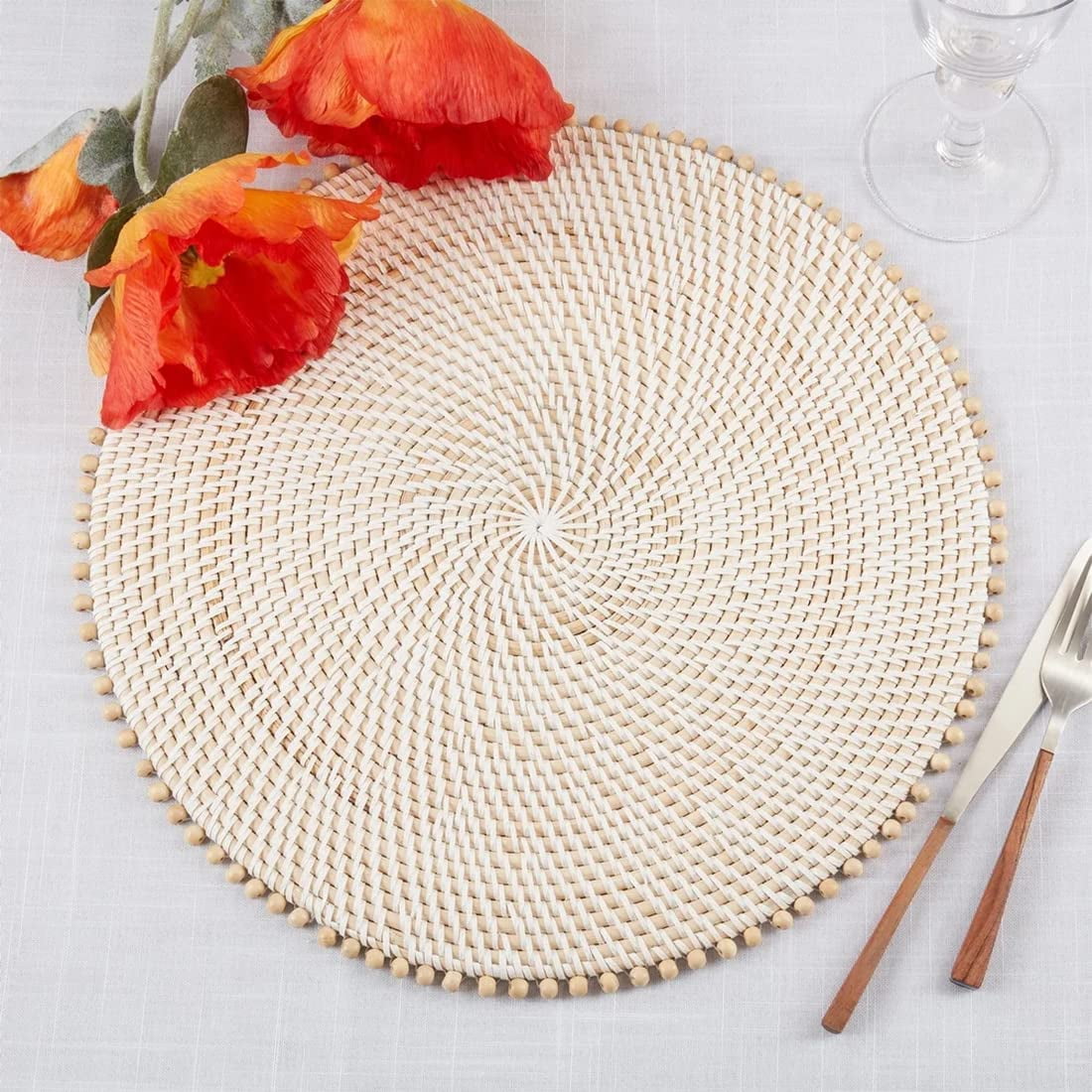 Fennco Styles Handmade Beaded Border Rattan Placemat 15" Round, 1 ...