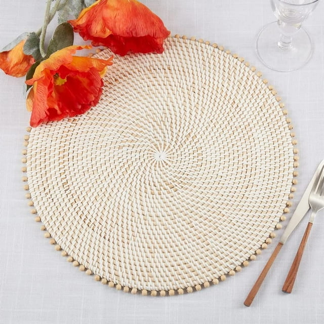 Fennco Styles Handmade Beaded Border Rattan Placemat 15" Round, 1 ...