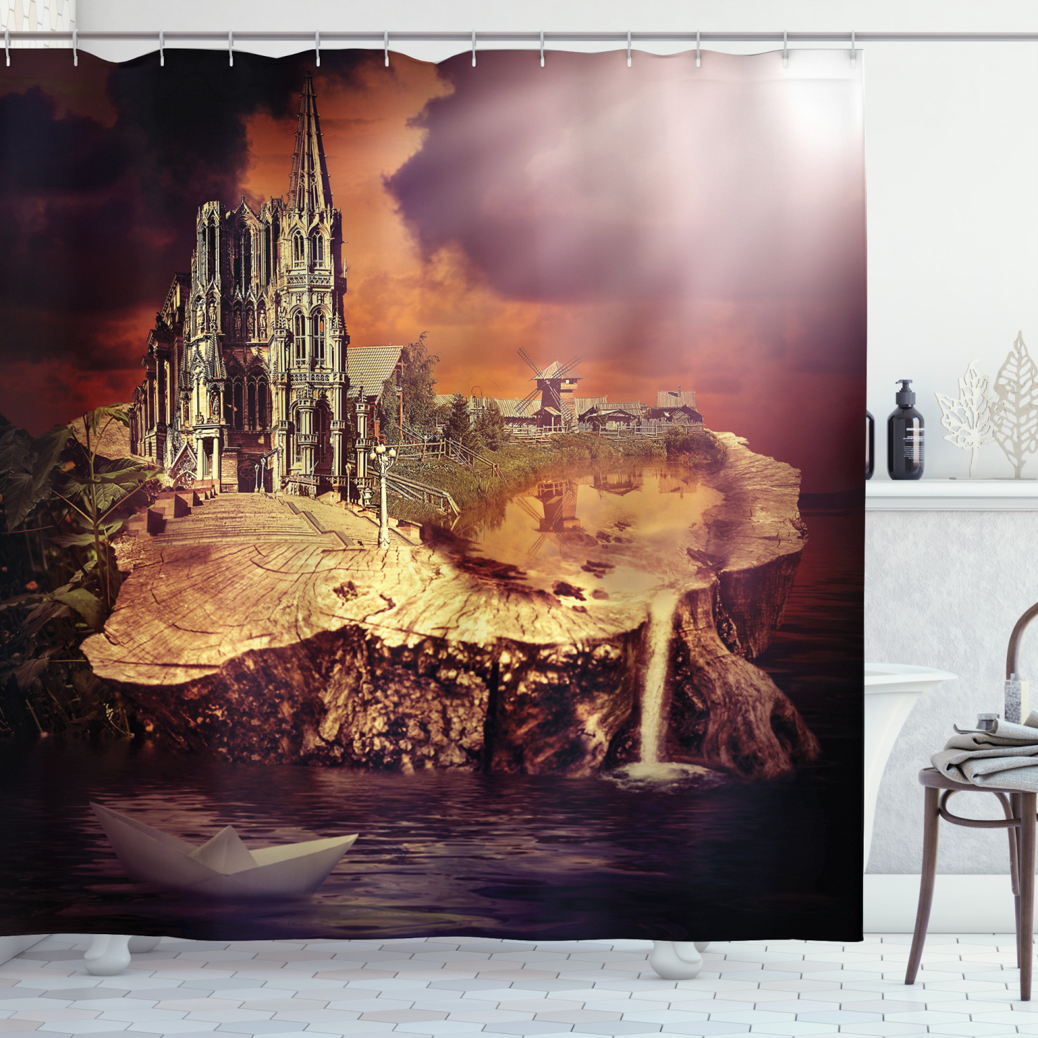 Gothic Shower Curtain, Fantasy Castle and Village on Stump in the Water ...