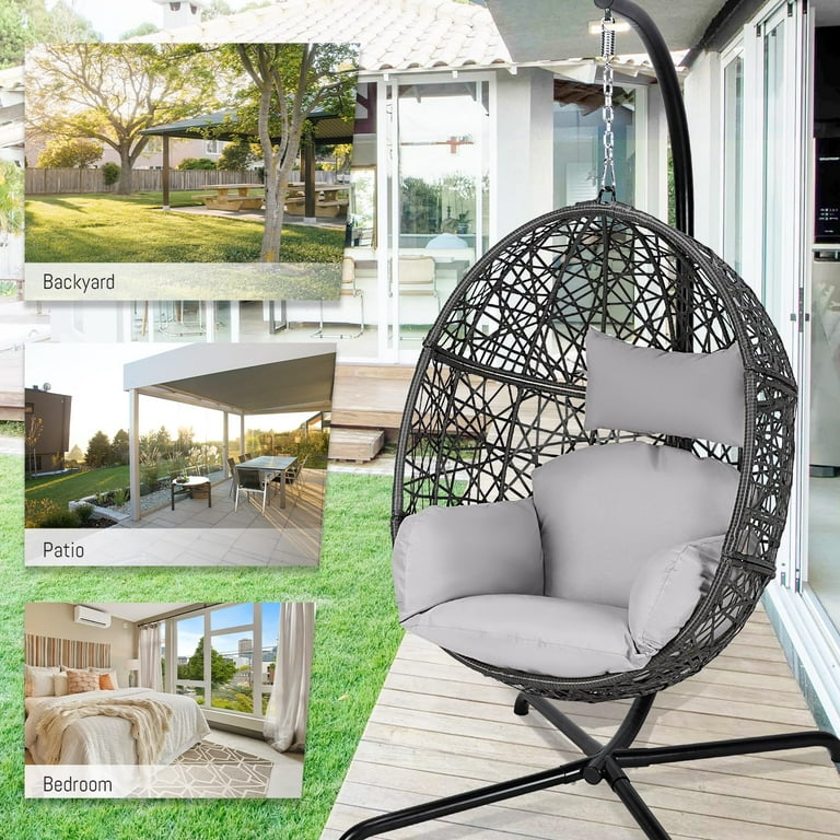 Outdoor Light Gray Oversized Wicker Swing Egg Chair with Stand Patio Nest Egg Basket Chair