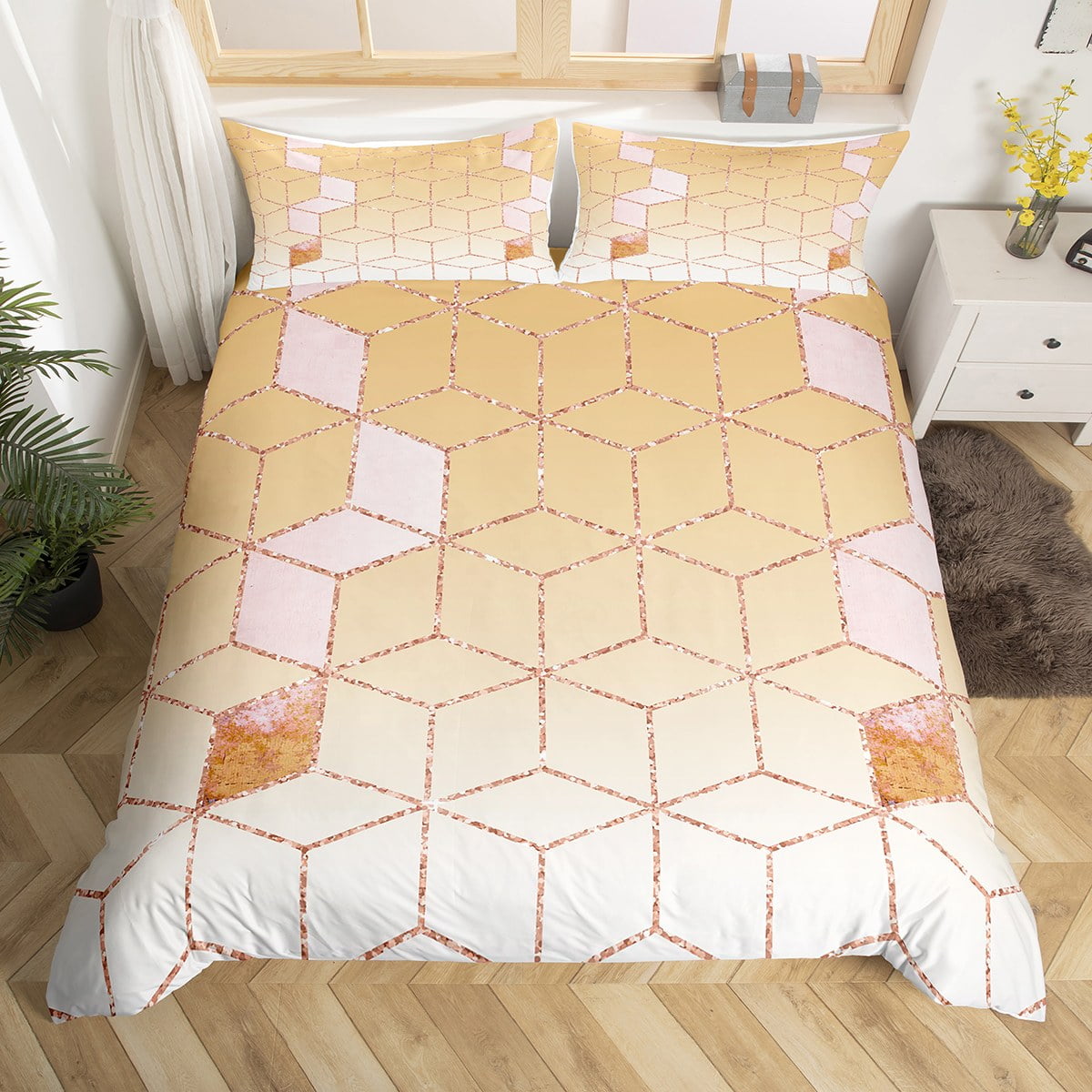 YST Gold Honeycomb Duvet Cover King Yellow Gradient Bedding Set, Ombre ...