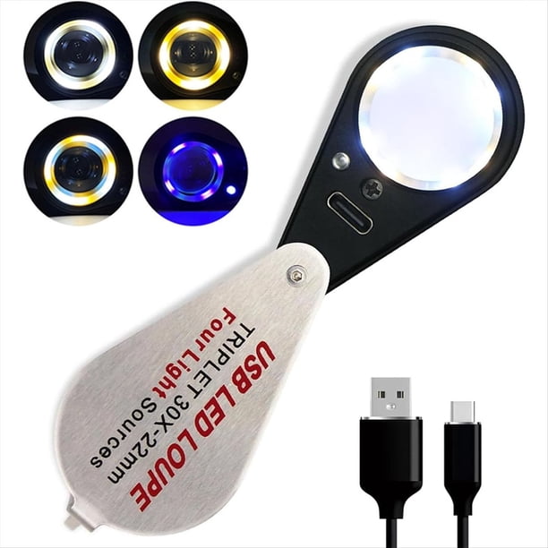 Lupa de Joyero 30X Recargable por USB con Luces UV y LED, Cuatro Tipos ...