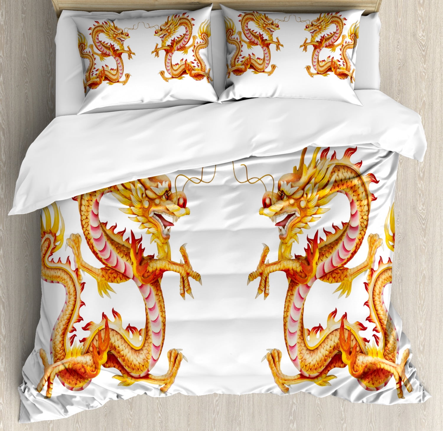 Dragon Duvet Cover Set, Twin Dragon Zodiac Statues Art Chinese ...