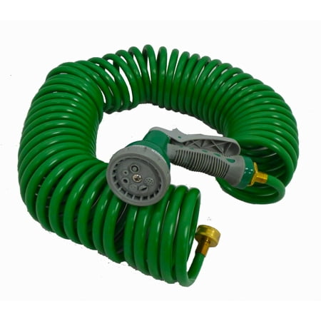 Green Safe Recoil Coil Garden Hose with 7 Pattern Spray Nozzle (50 ft ...