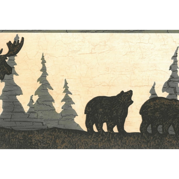 Prepasted Wallpaper Border - Animal Green, Brown, Beige Moose, Bear ...