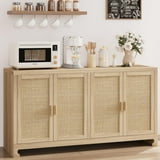 HOSSLLY Solid Wood Sideboard Buffet Cabinet, Rattan Accent with 4 Doors, Shelf for Dining ...